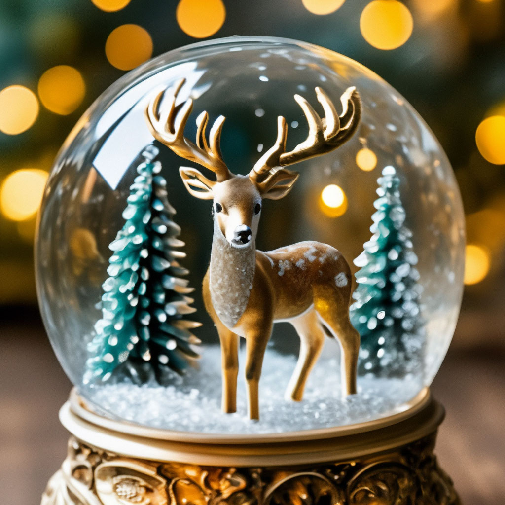 "An intricate snow globe sparkling with diamonds, with a cute deer ...