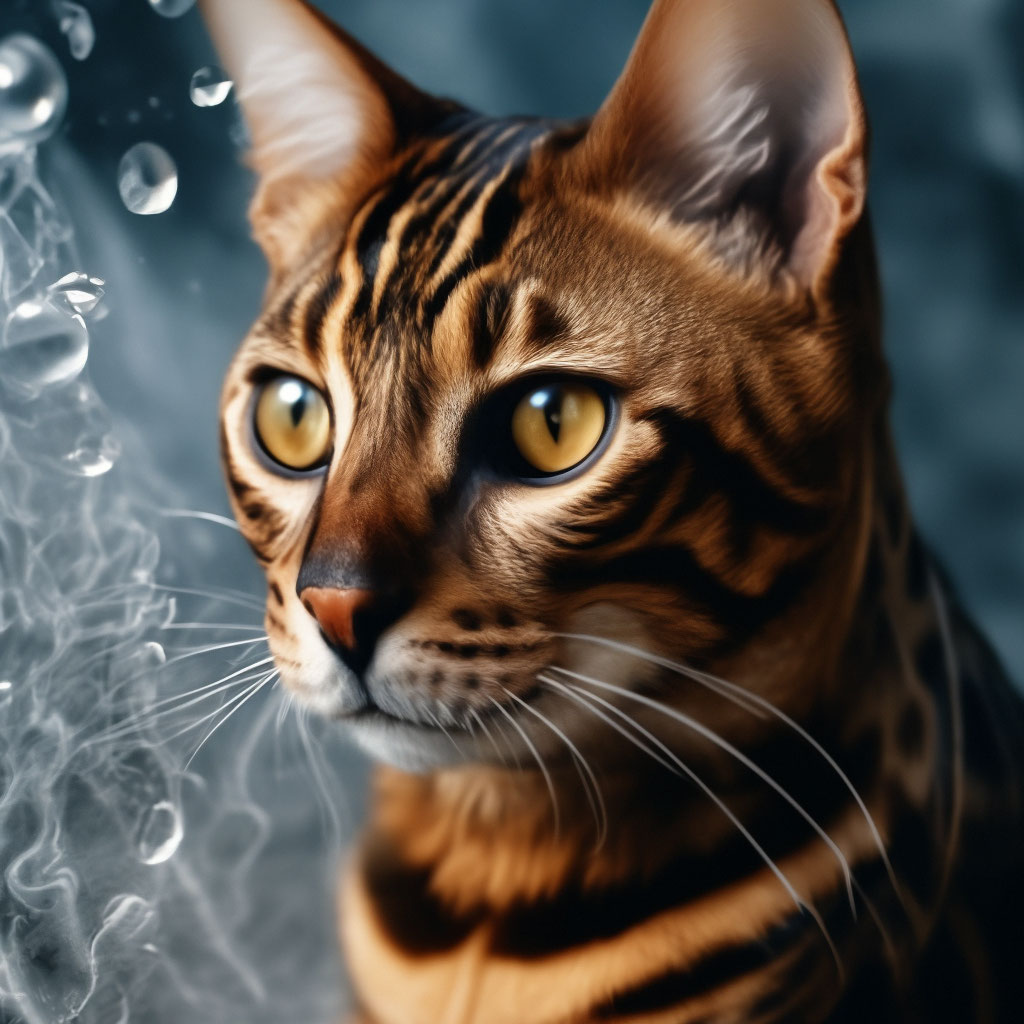 "Hyperrealism, bengal cat, consists of, clouds, steam, smoke, glow ...