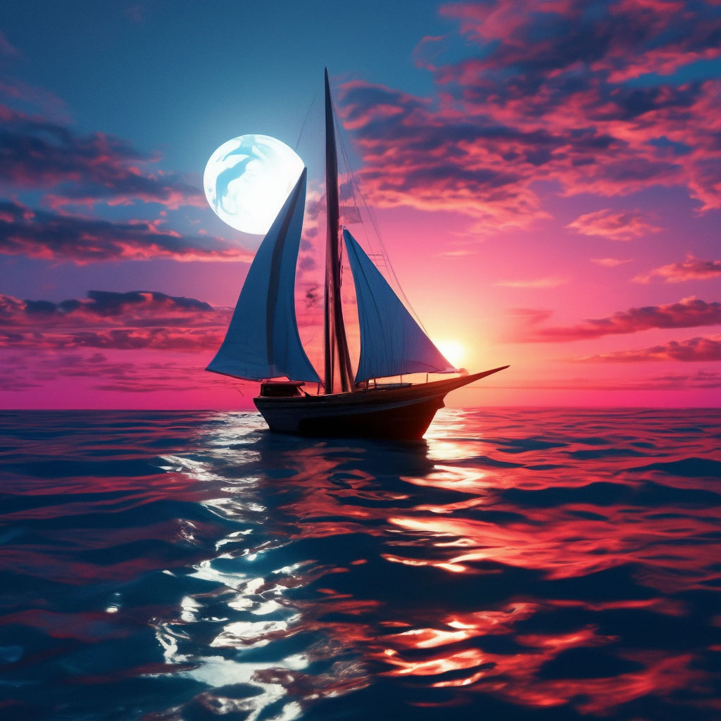"Vaporwave an ocean scene with a full moon and a sailboat in the ...
