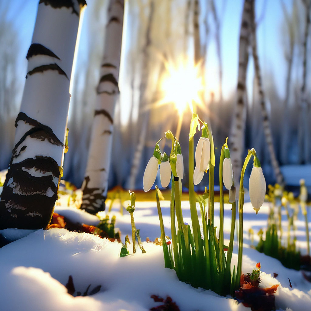 "Spring. A clear sky, the sun's rays illuminate a birch grove, thawed ...