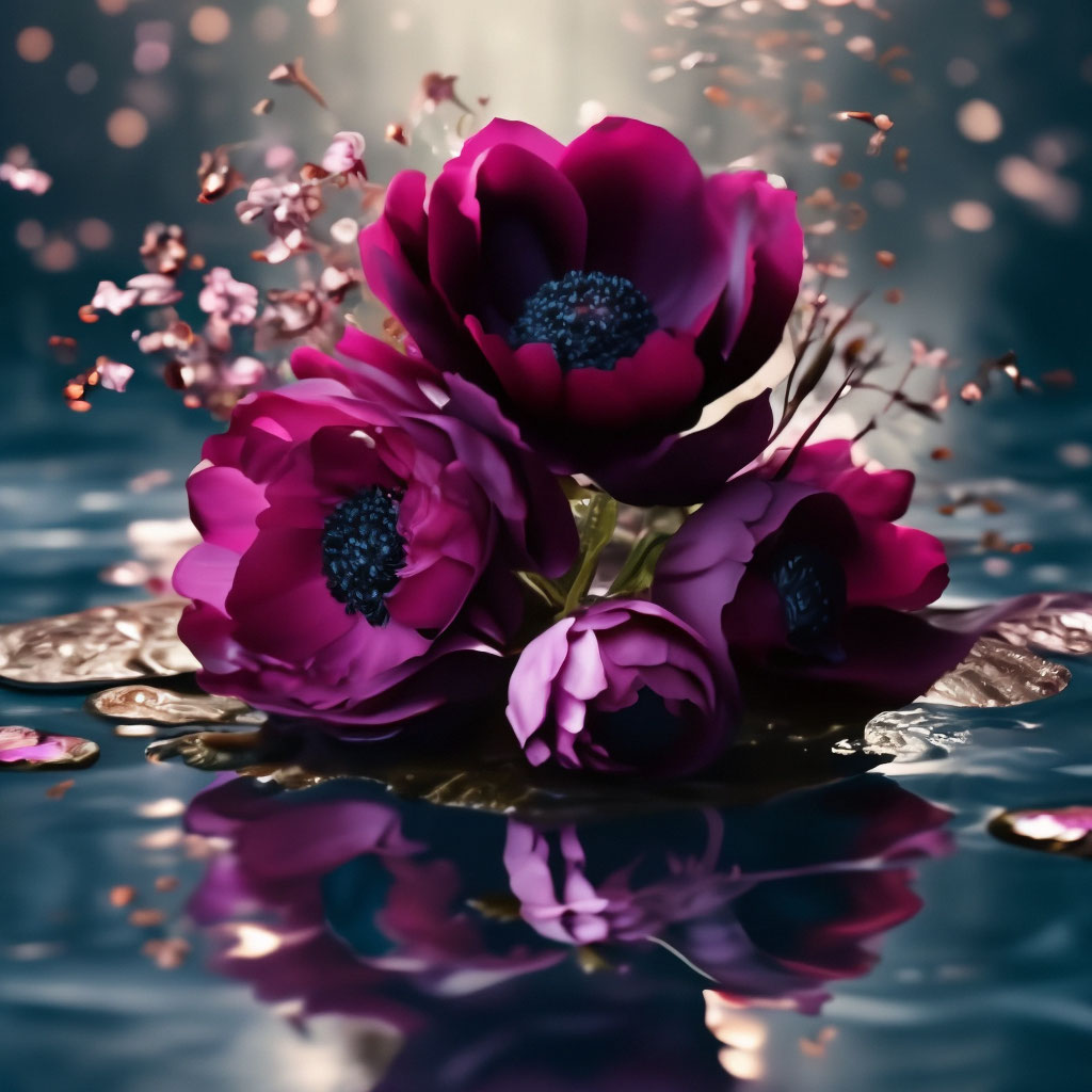 "Filigree fire sparks,circles on the water of petals,dark purple ...