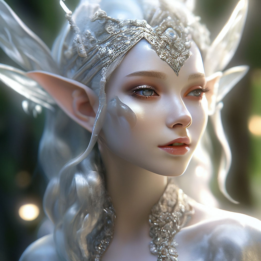 "Fairy elf, marble skin, silver pollen, magic light, computer graphics ...