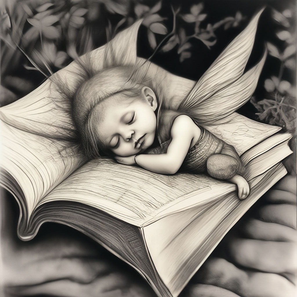 "Fairy folk, tiny pixie baby sleeping comfortably on an open book, ink ...