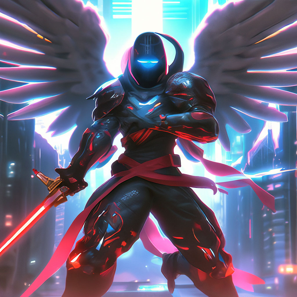 "Cyber ninja angel" — image created in Shedevrum