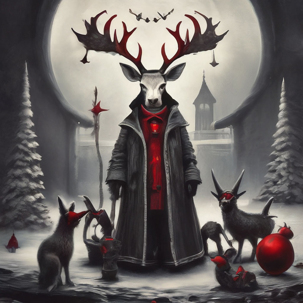 "A gloomy Gothic deer with red eyes, Santa in a vintage raincoat and ...