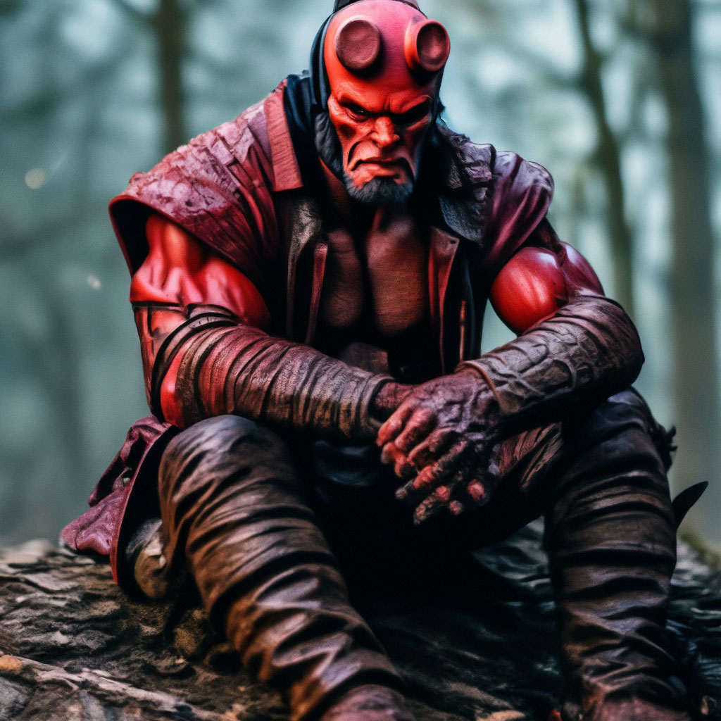 "Fantasy ,Hellboy is sitting on a tree stump, aesthetically pleasing ...
