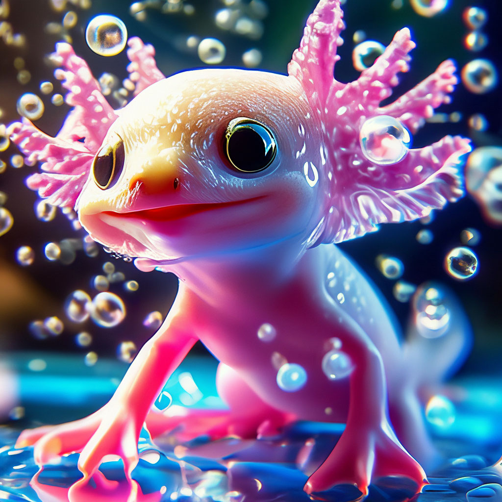"Axolotl+cute transparent chthonic creature+pink transparent blue water ...
