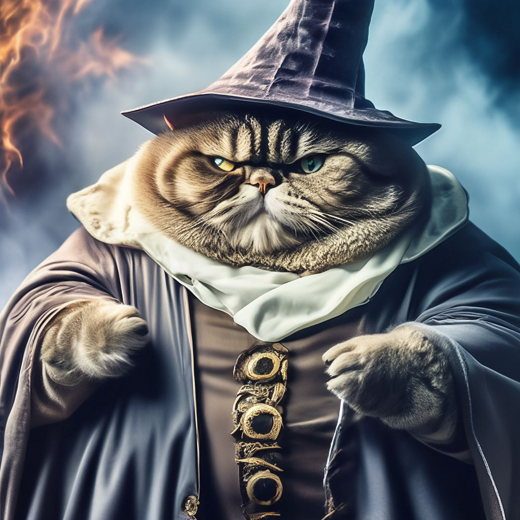 "A very fat disgruntled cat in the costume of an evil magician wizard ...
