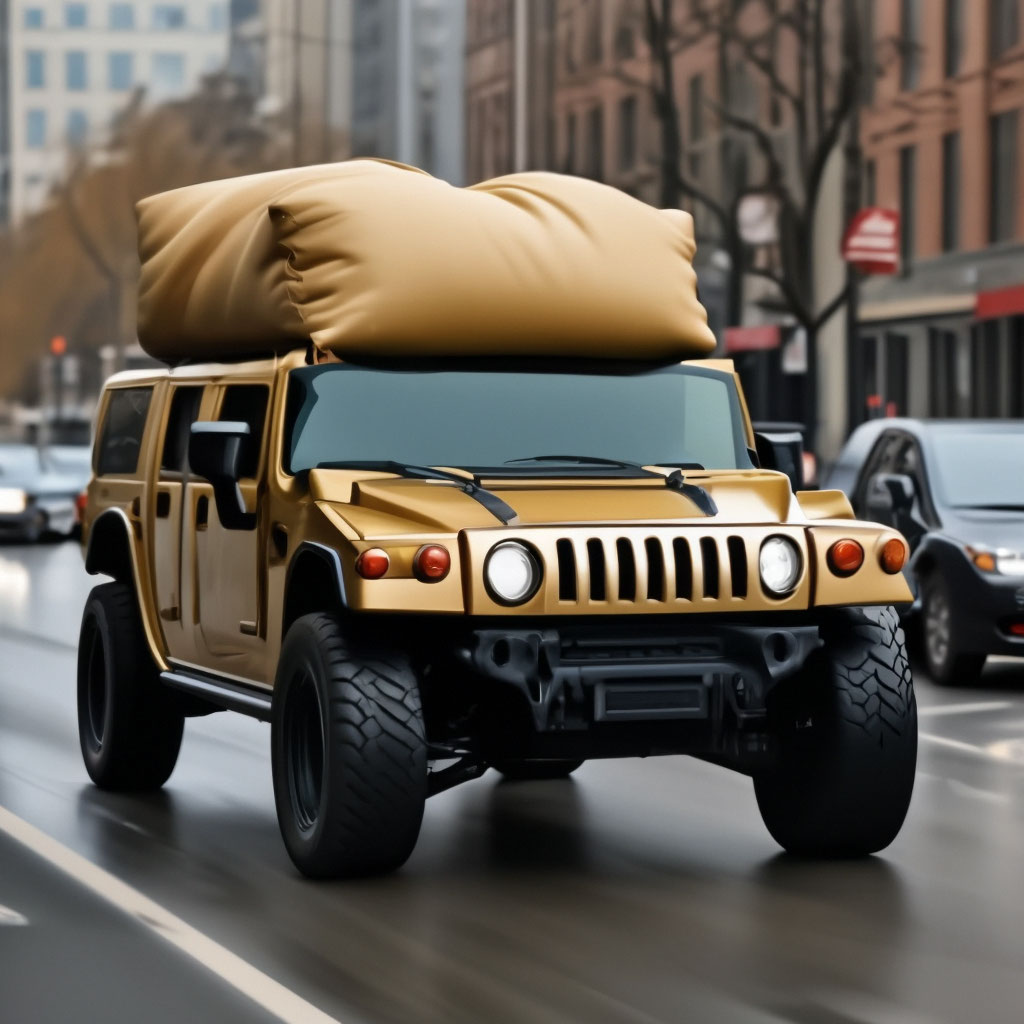 "A bag of potatoes rides behind the wheel of a hummer" — image created ...