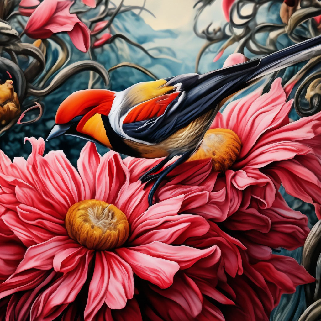 ". surreal botany art, capillary pen drawing, bird over a huge flower ...