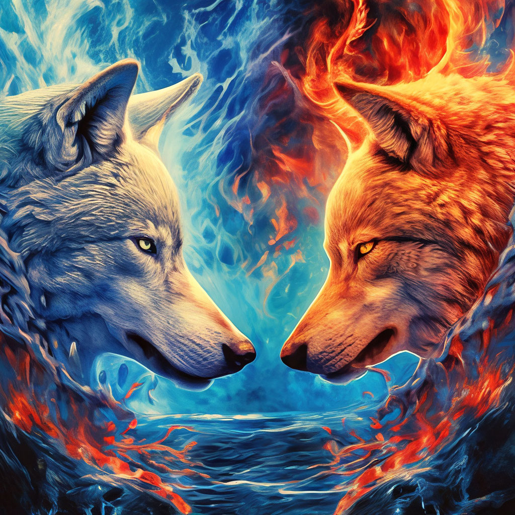 "Image of fire and water wolves" — image created in Shedevrum