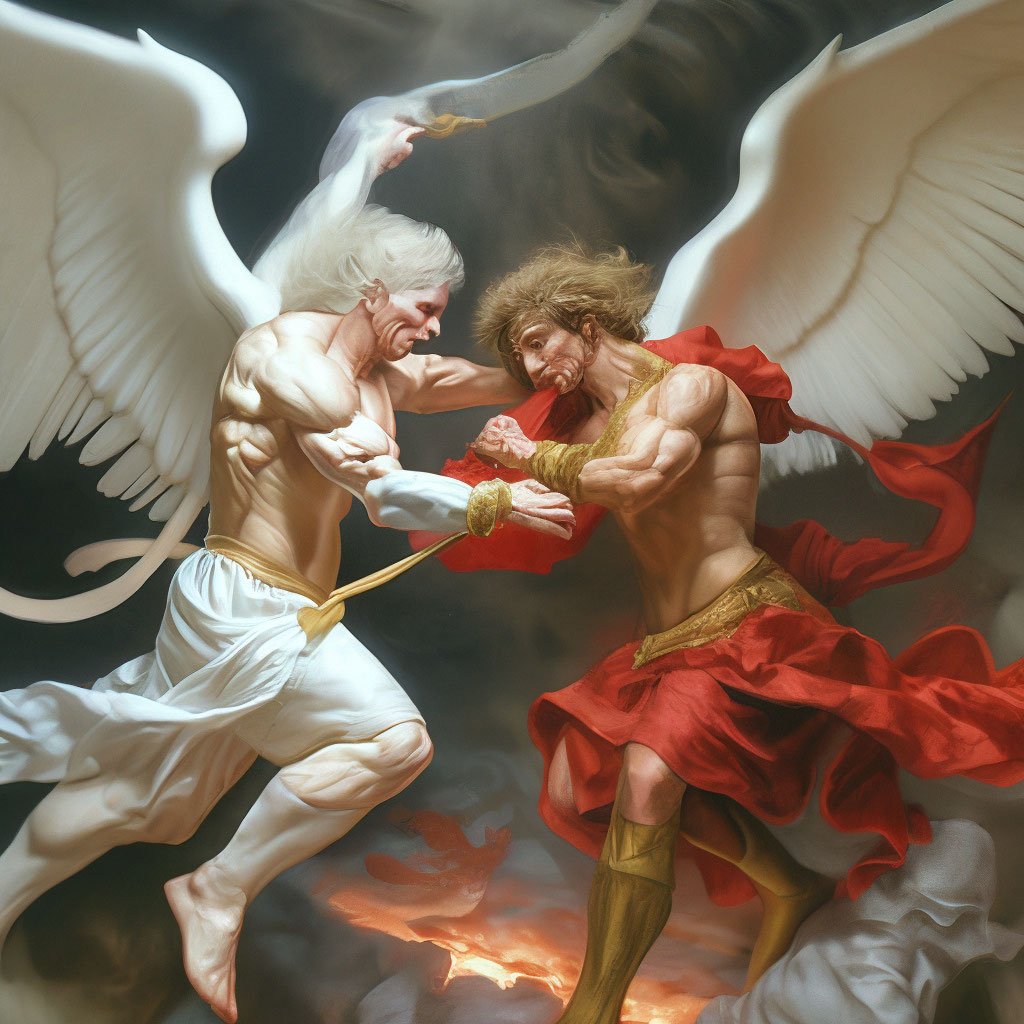 "In heaven, an angel and a demon are fighting hyper realistically ...