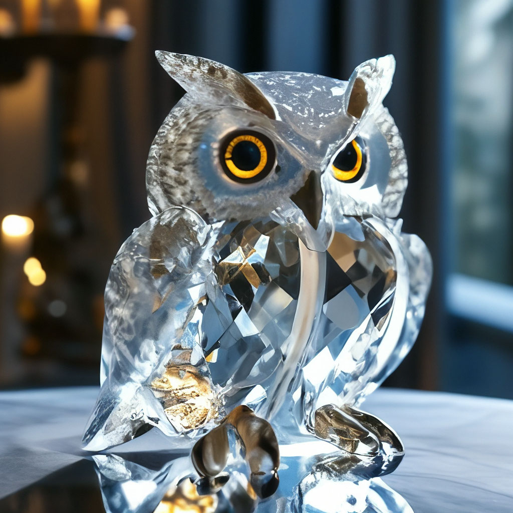 "Crystal owl,owl,mirror, realistic photo" — image created in Shedevrum