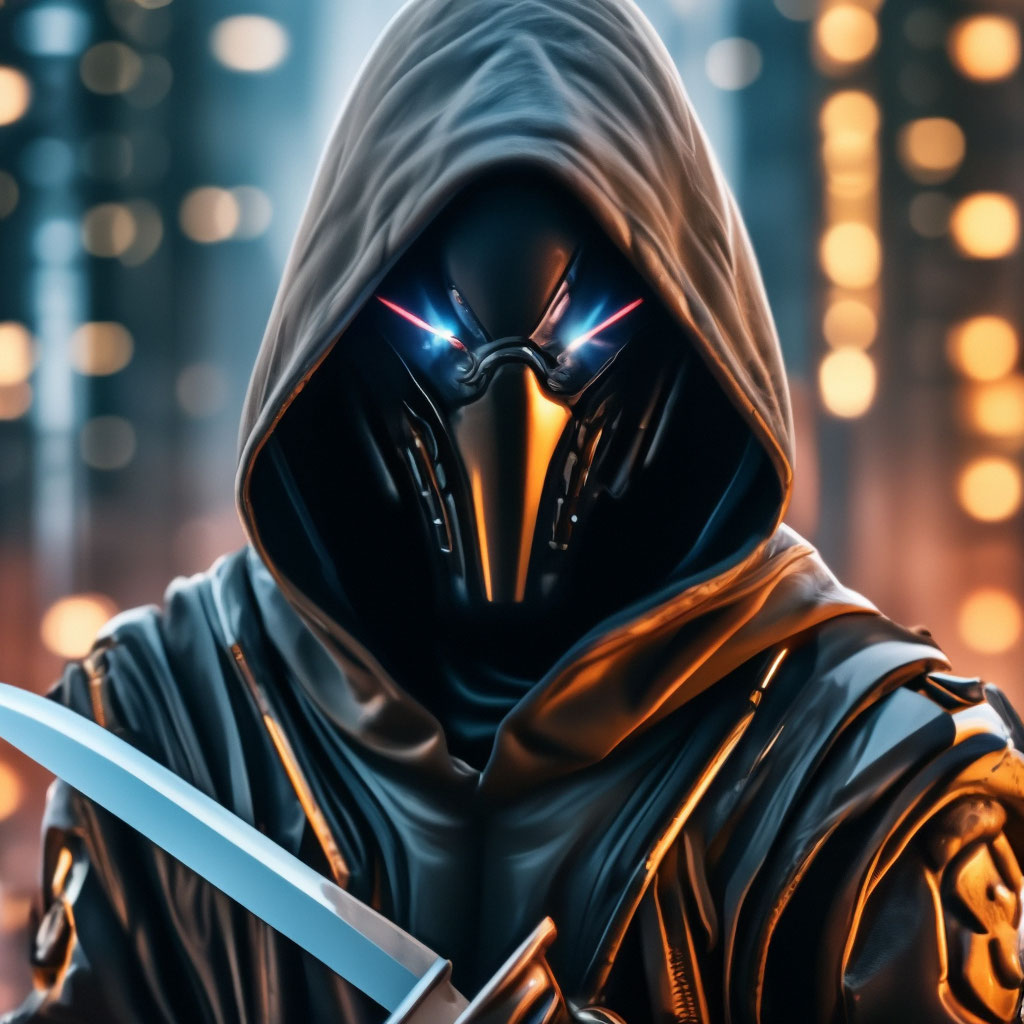 "Stalker robot from the future with a knife in a hood with patterns in ...