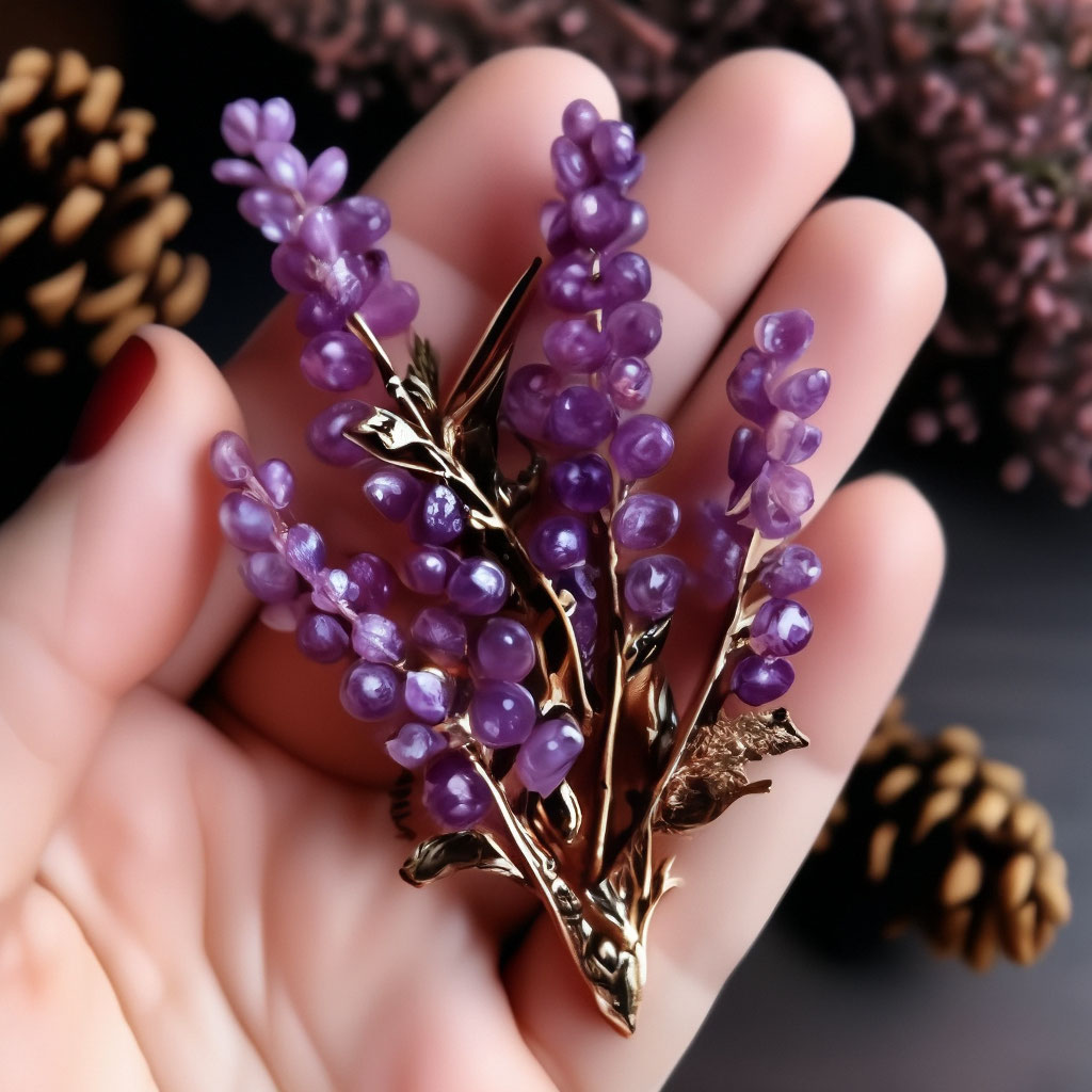 "Jewelry brooch a sprig of heather made of amethyst" — image created in ...
