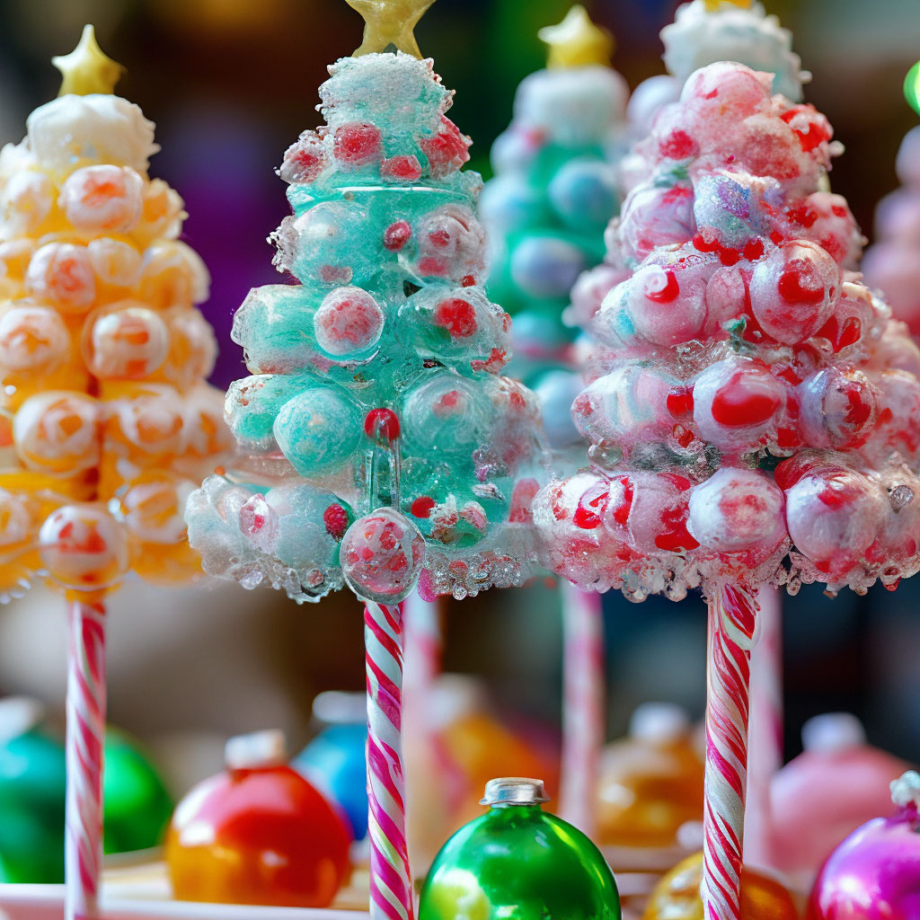 "Christmas trees made of transparent colored lollipops on a stick, on a ...
