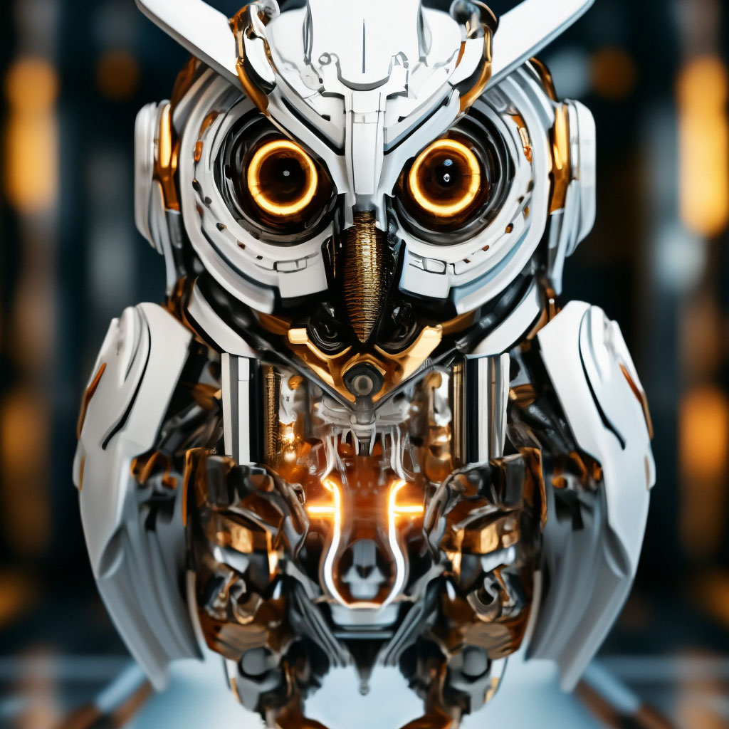 "Cyborg owl made of metal and plastic, with three gases, white, fantasy ...