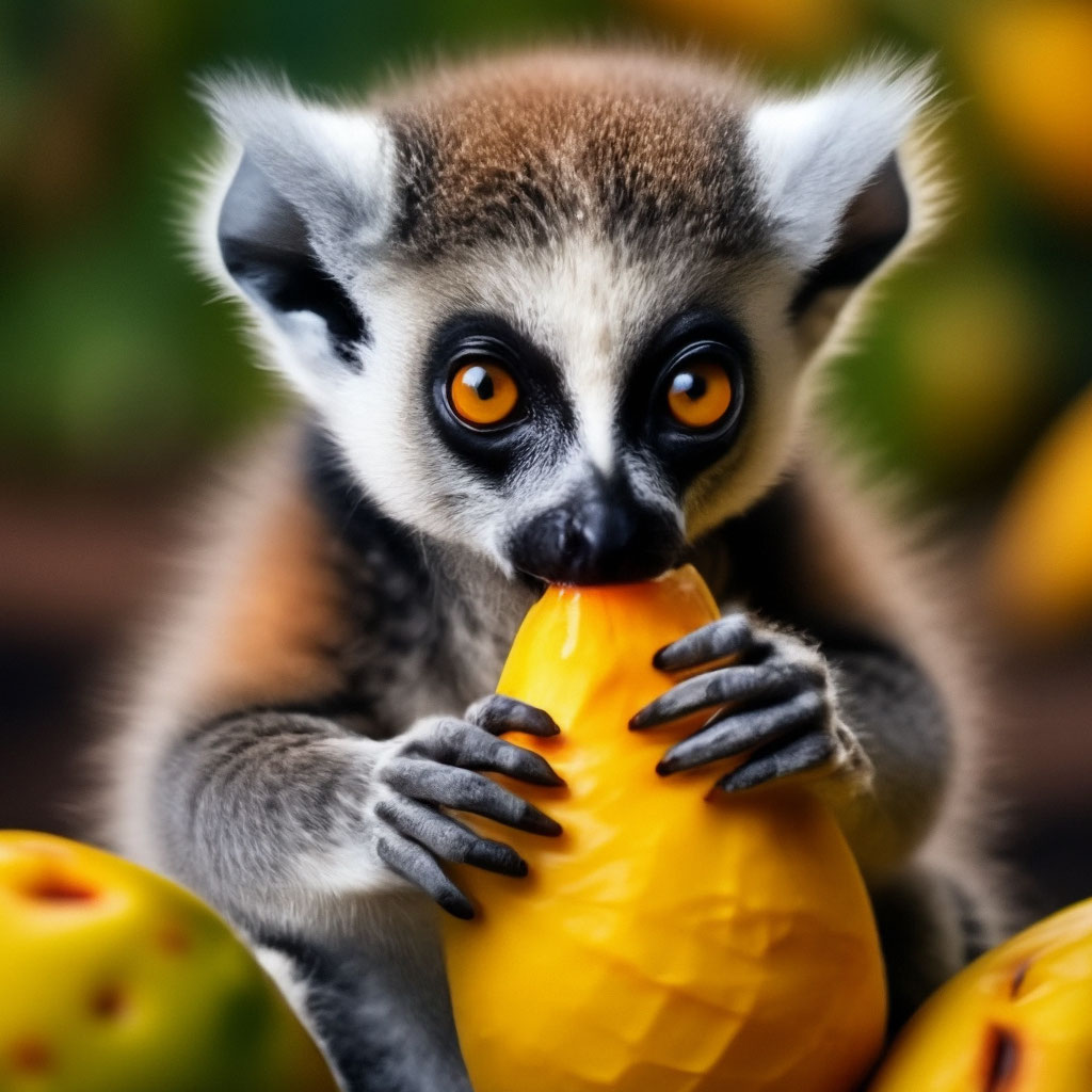 "Newborn lemur eats a piece of mango, gently, aesthetically ...
