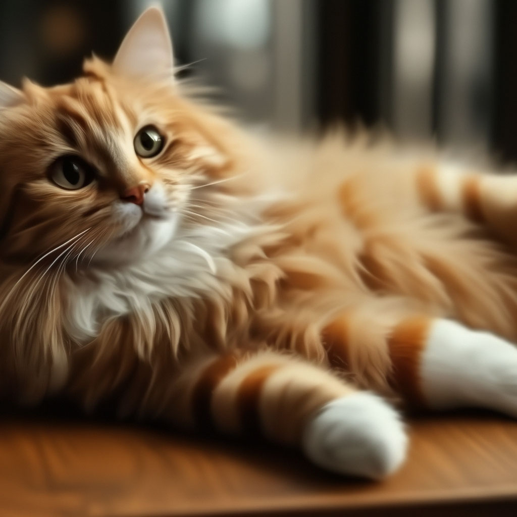 "A cute, fluffy cat is lying on the table, on its back, belly up. Cute ...
