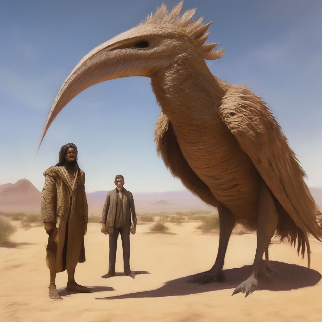"A huge humanoid covered in brown feathers and a huge brown beak next ...