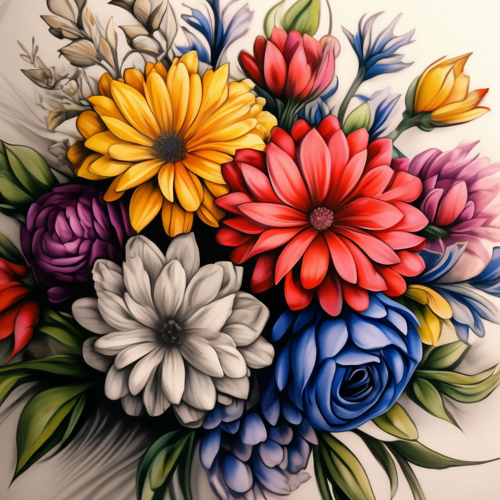 "Pencil sketch, convex drawing,color sketch lavish languid bouquet ...