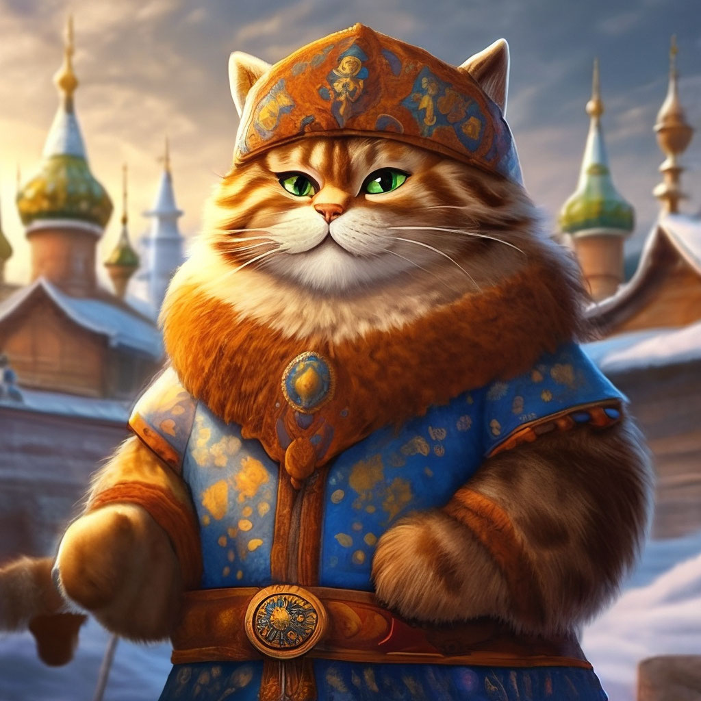 "Shaggy, with a big fluffy beard, kind anthropomorphic fat brownie cat ...
