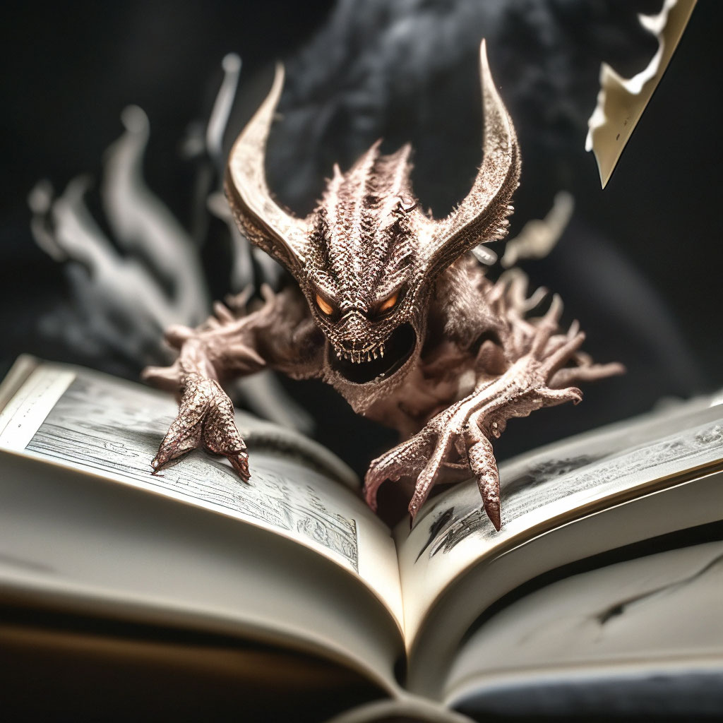 "A book demon, crawls out of a book, torn pages in its clawed paws ...