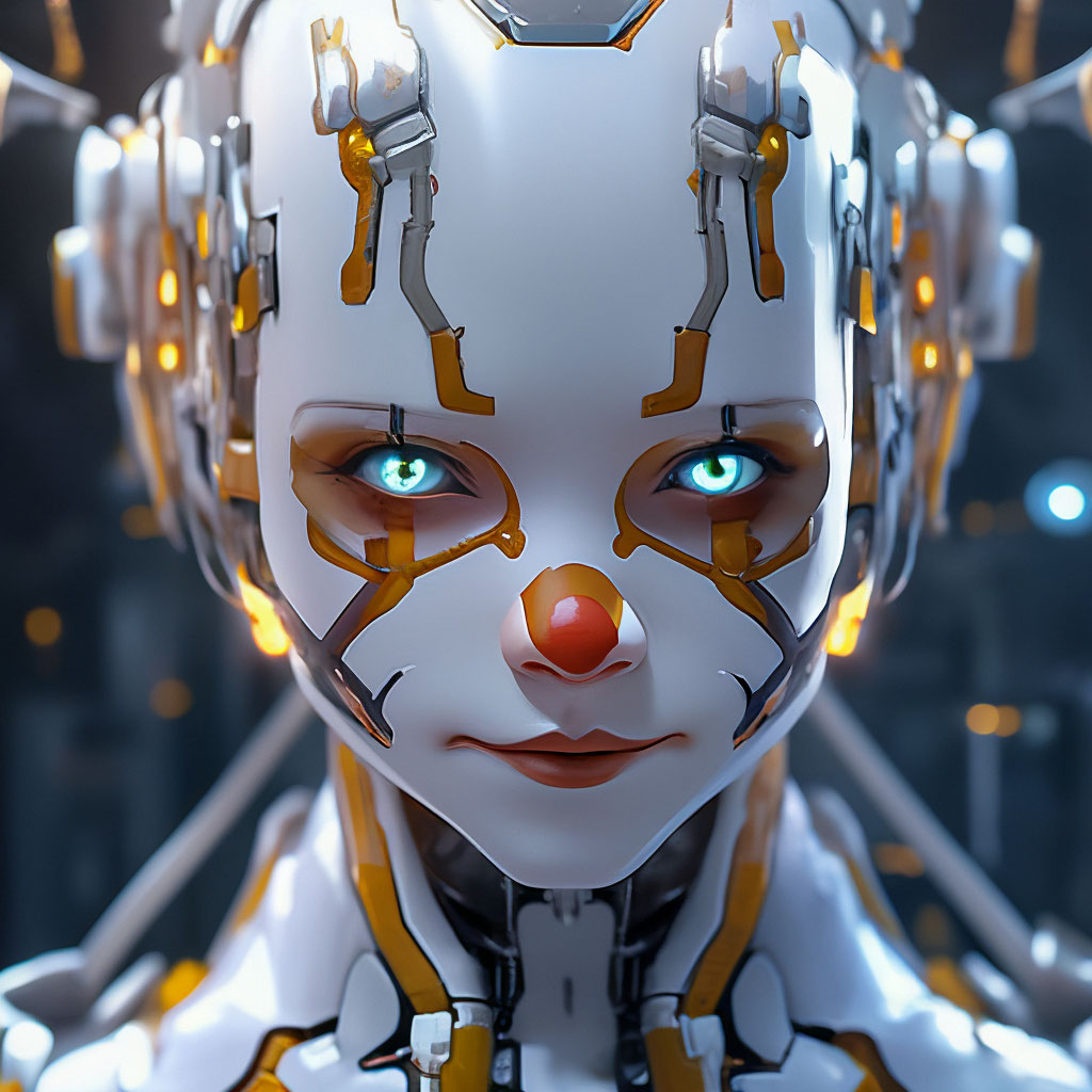 "Cyborg clown boy, hyperrealism, glare, white background, pixel ...