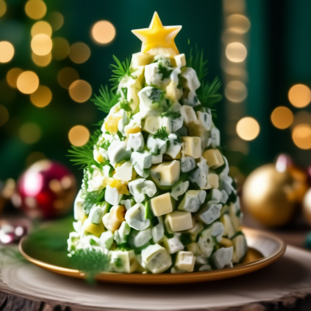 "Hyper realistic, olivier salad Christmas tree decorated with dill ...