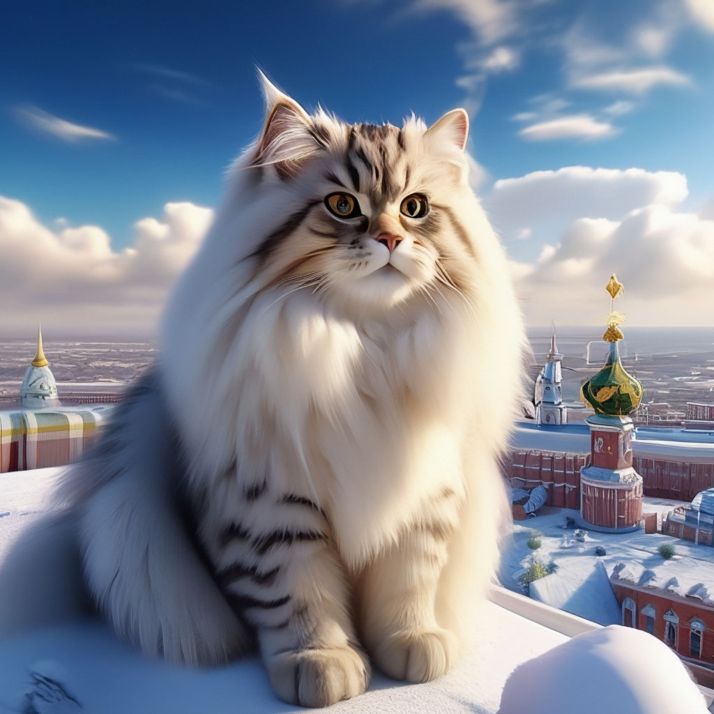 "Big fluffy cat of the Mei Kun breed in the sky over Moscow, k4, high ...