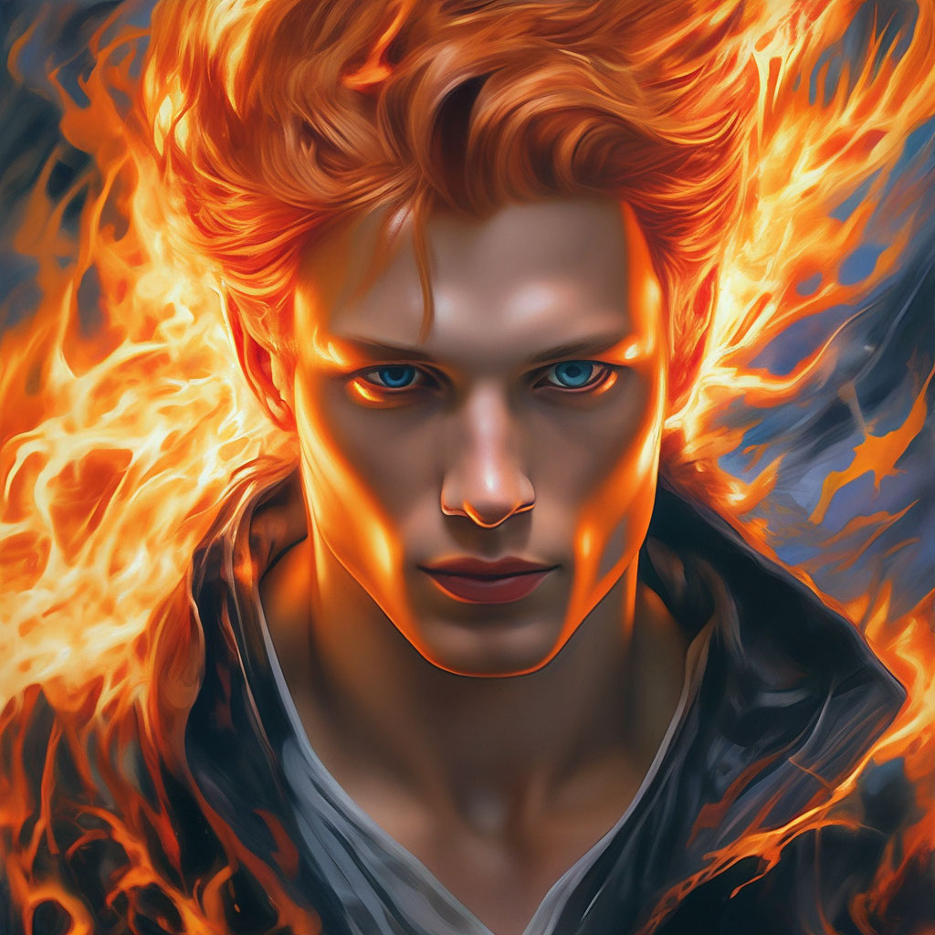 "Man-fire,burning eyes,orange clothes,hair like a flame,beautiful,high ...