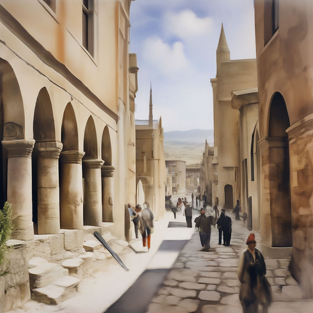 "Watercolour. along the street of ancient Taraz" — image created in ...