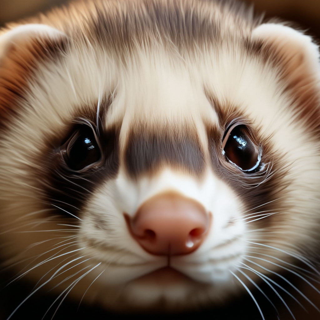 "Up close, fluffy, cute ferret, beautiful, realistic, huge eyes ...