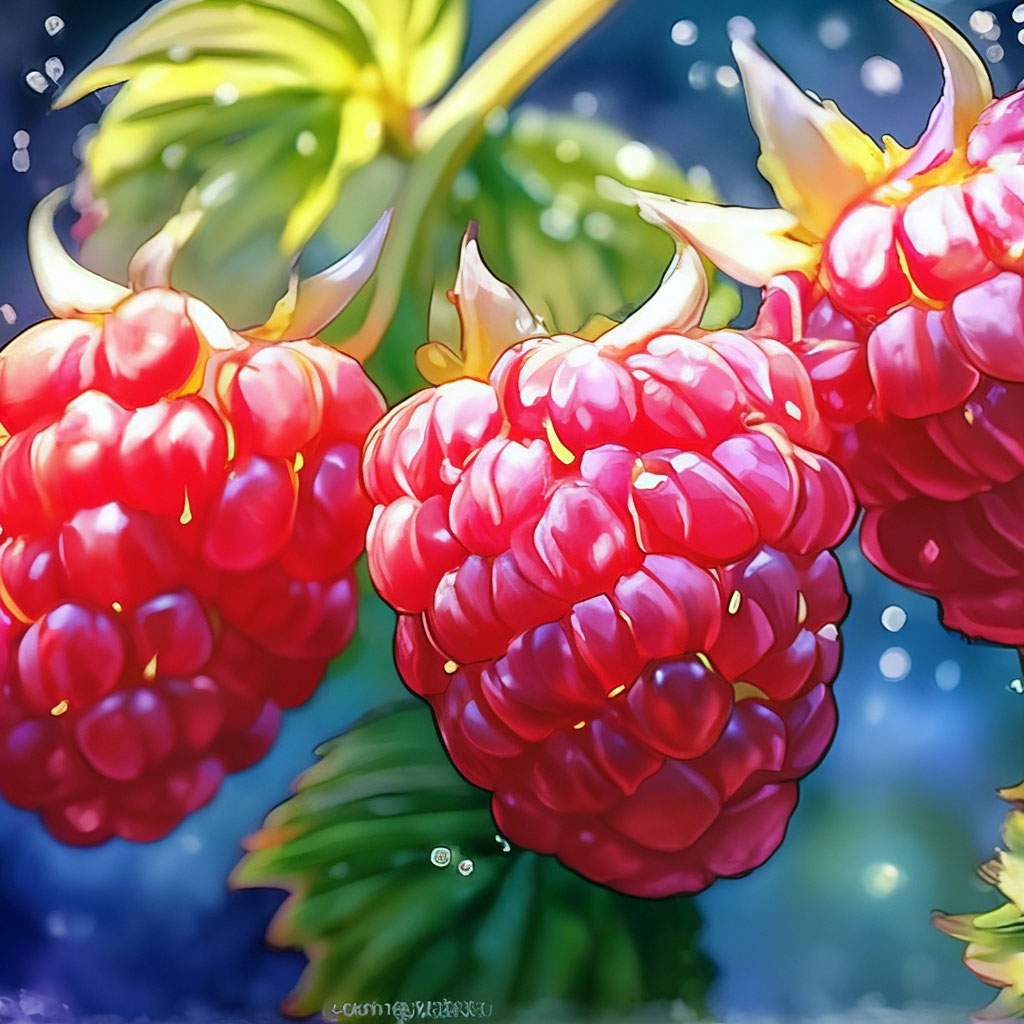"Watercolor drawing, photorealism, realistic raspberries ,sunny, glow ...