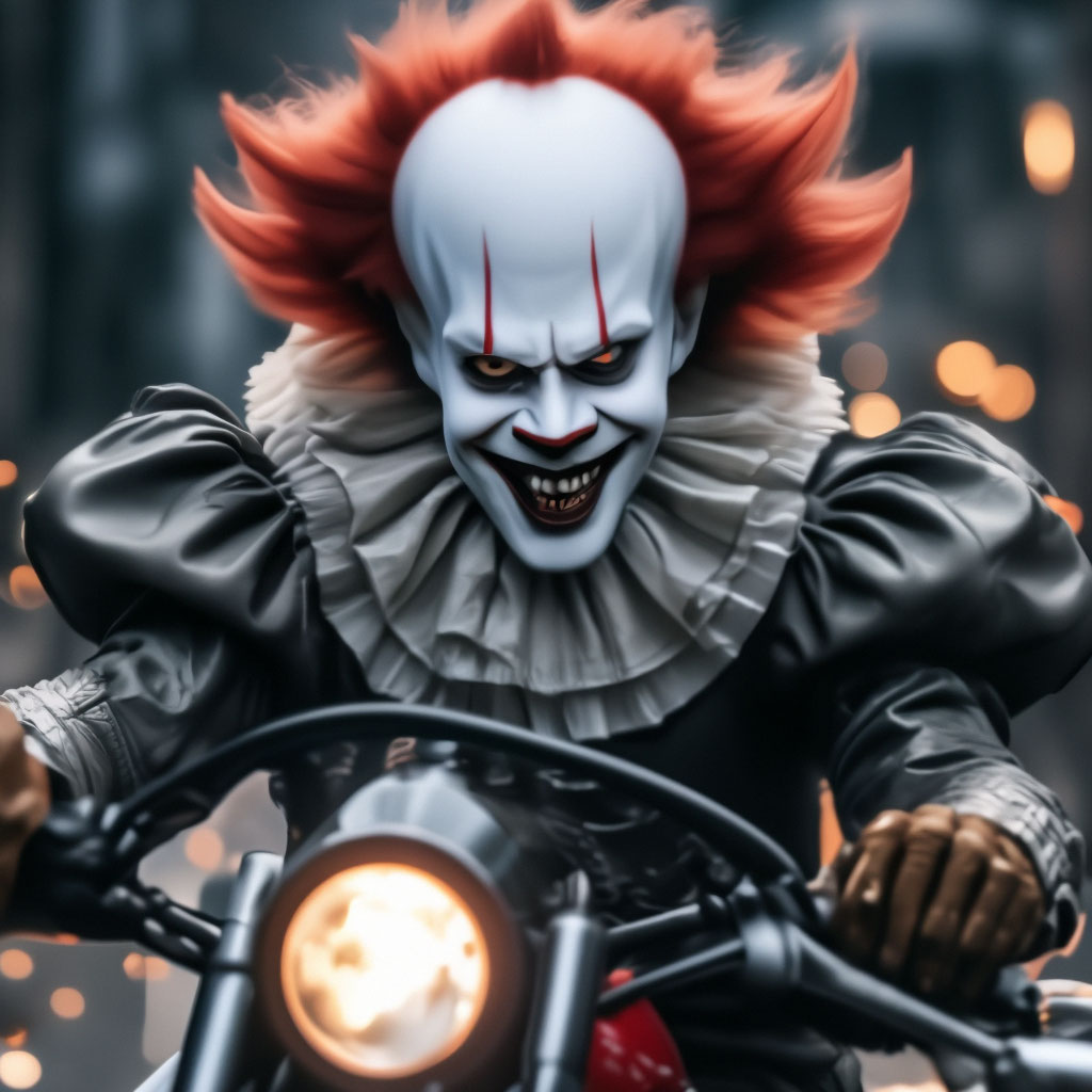 "Pennywise is sitting on his bike, smiling his trademark smile that ...