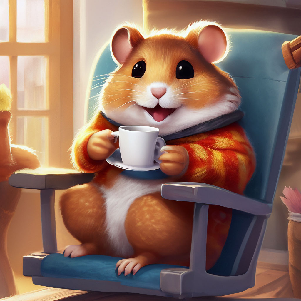 "A smiling hamster with a wide face, with a cup of coffee in his hands ...