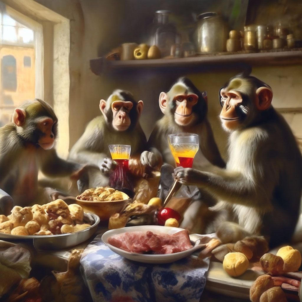 "Monkeys in the kitchen eat nuts, drink wine, roast meat, fuss ...