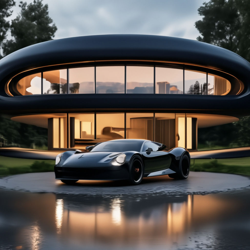 "The concept of a stylish space oval black house, top and side view ...