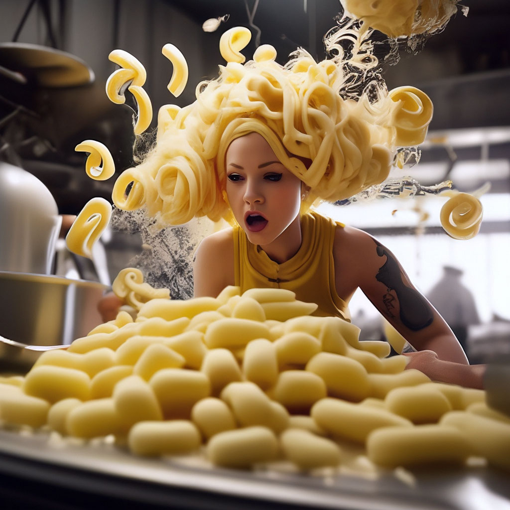 "Hairstyle explosion at the macaroni factory" — image created in Shedevrum