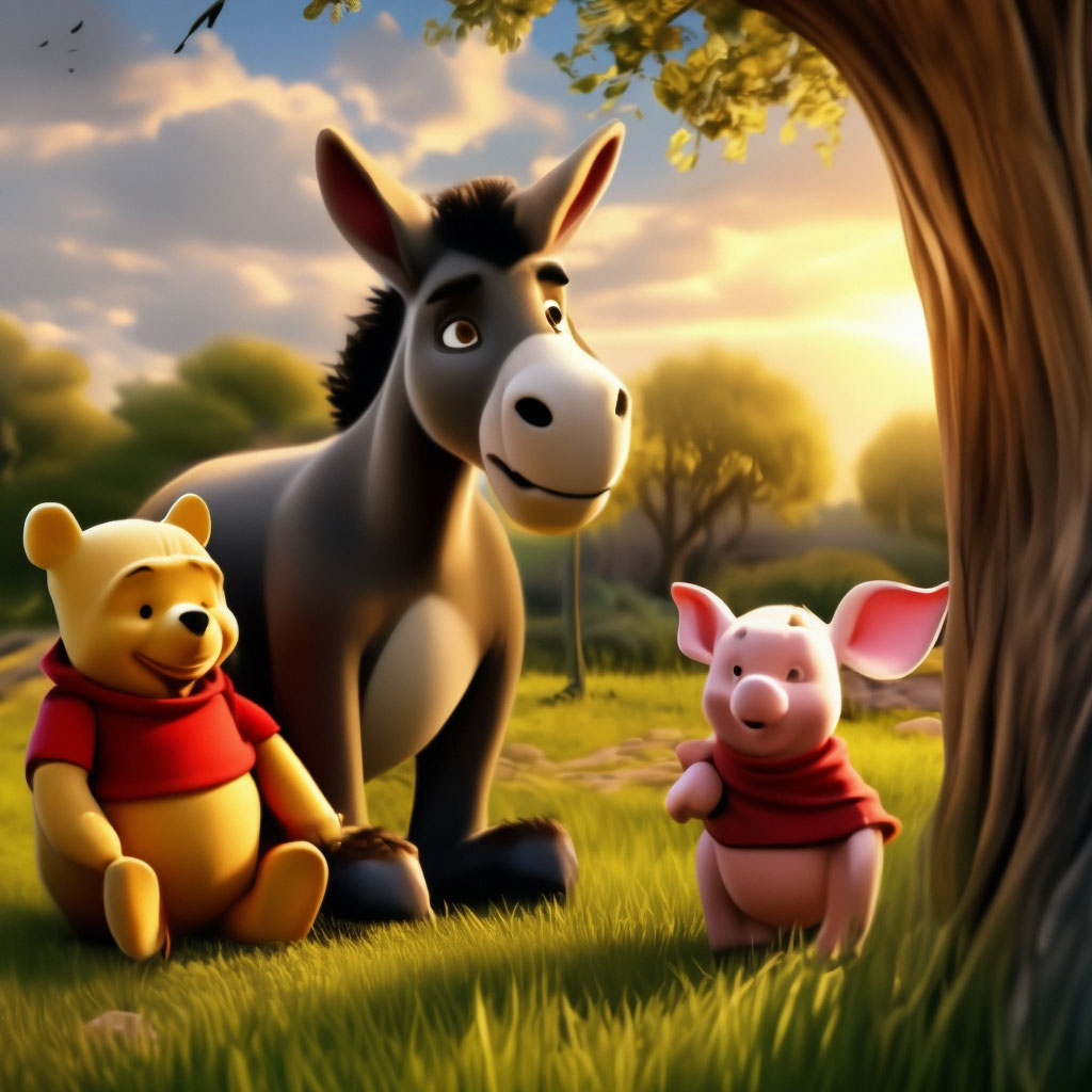 "Winnie the Pooh, piglet and Eeyore the donkey in a summer meadow near ...