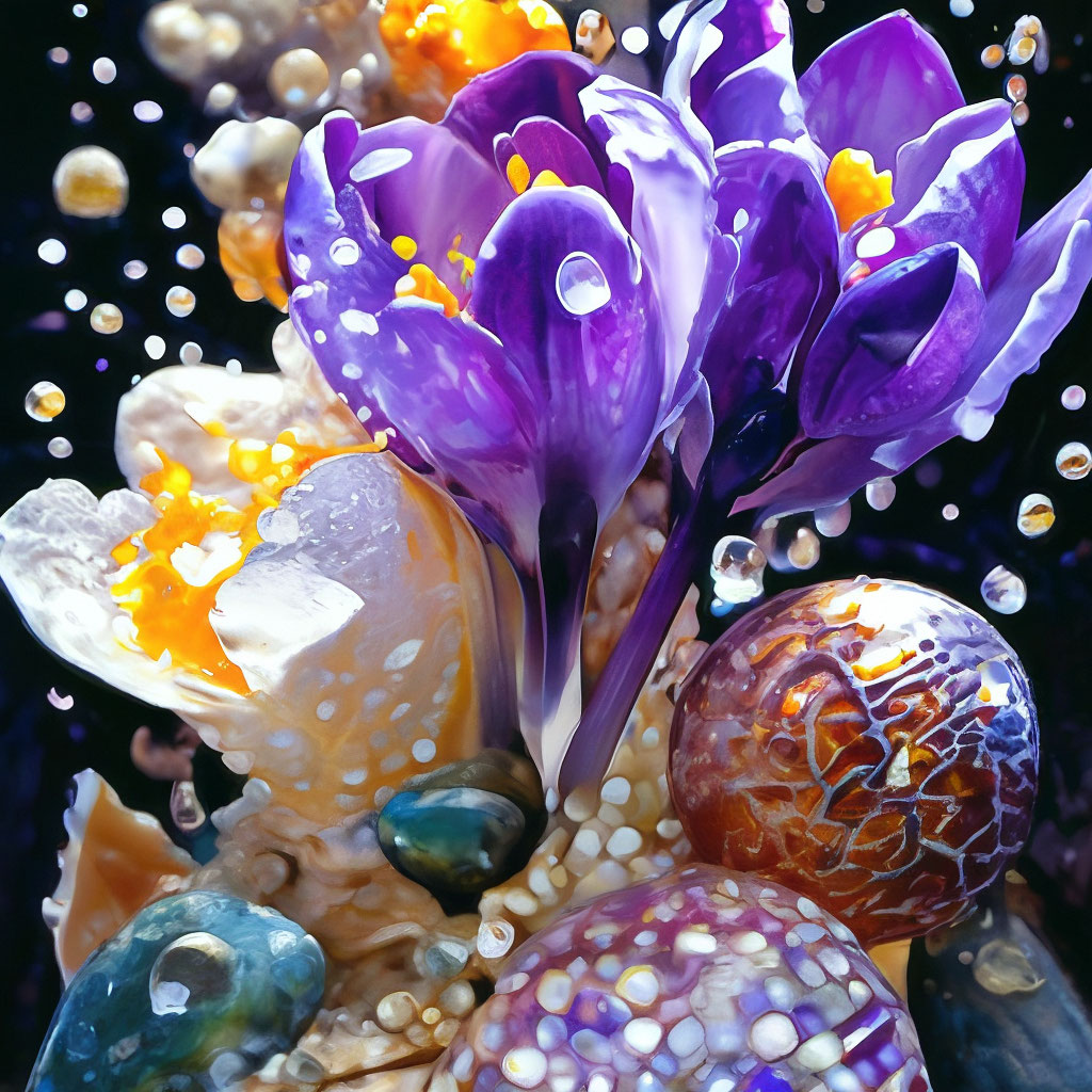"Alcohol ink with drawing, sea flowers crocus shells stones pearls ...