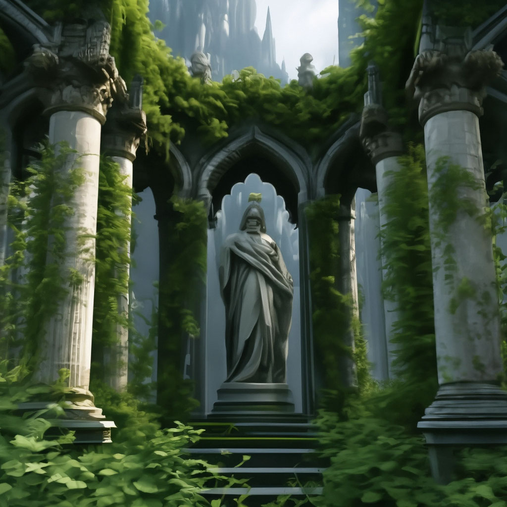 "The concrete Gothic statue is all densely overgrown with vines, Gothic ...