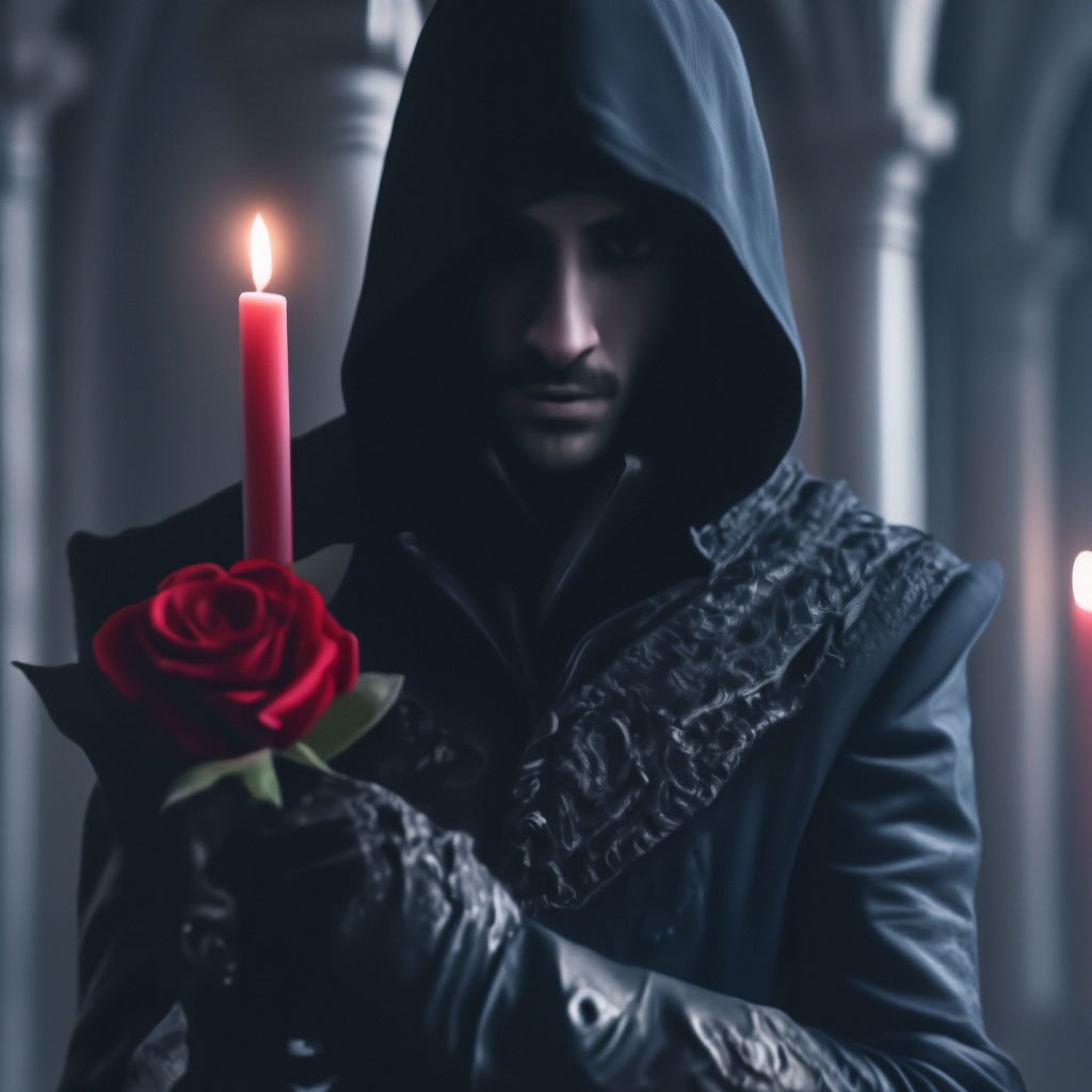 "An assassin with a red rose looks over his shoulder, in a Gothic ...