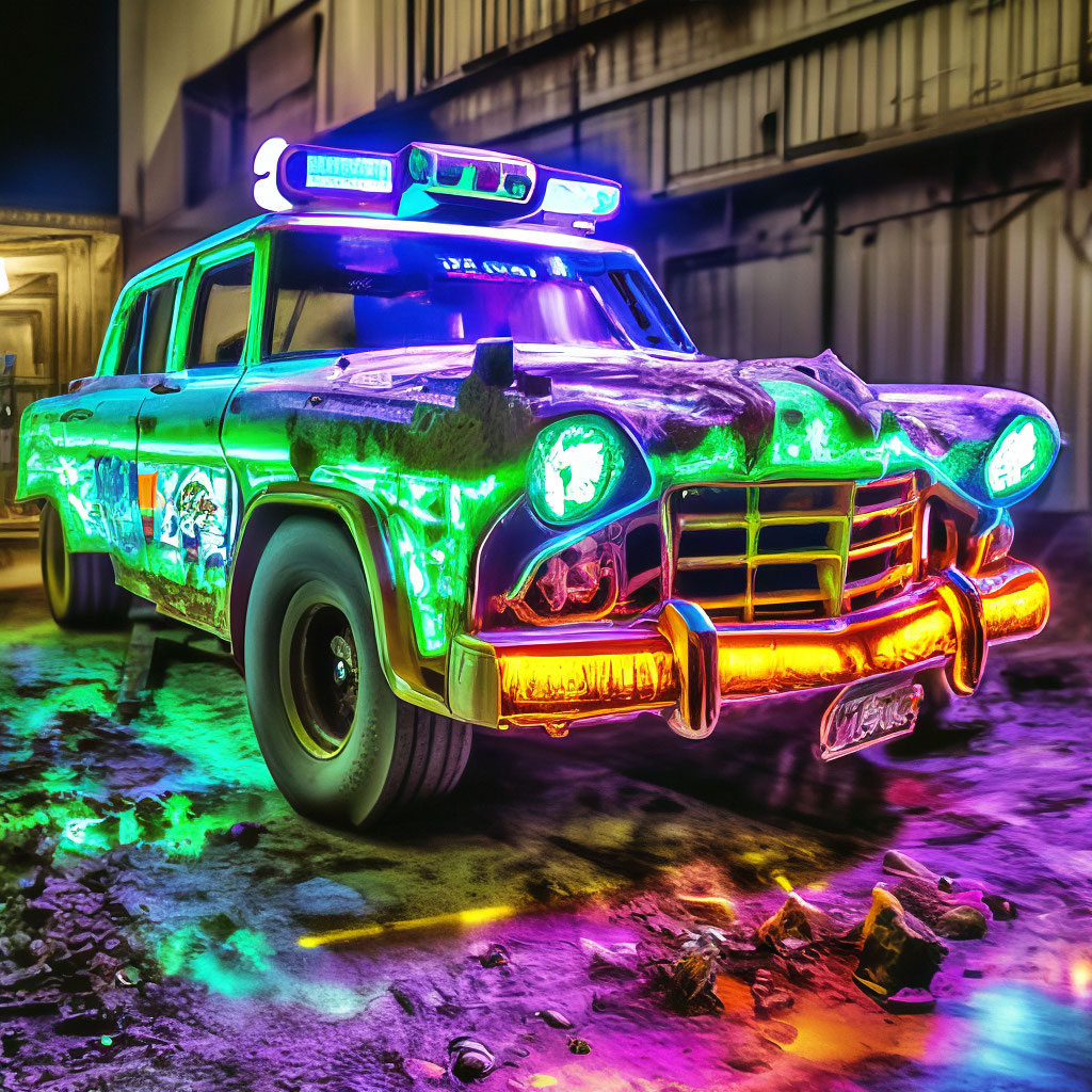 "🚦 super detail, 132k, neon toothy zombie police car, horror, metal ...