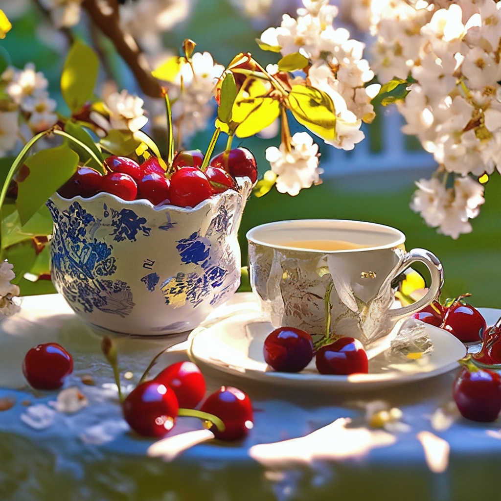 "Good morning, sunshine, garden, cherries, tea, flowers, cherry orchard ...