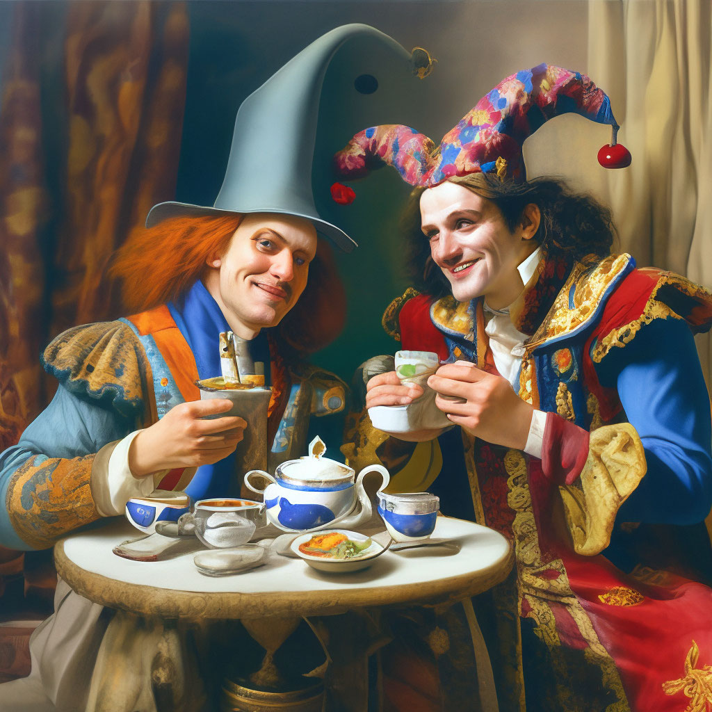 "The actor and the jester are drinking tea" — image created in Shedevrum