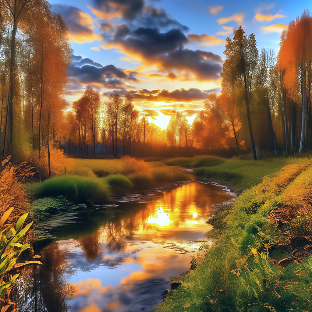 "Sunset over a forest river,autumn,beauty,realistic,water detail,grass ...