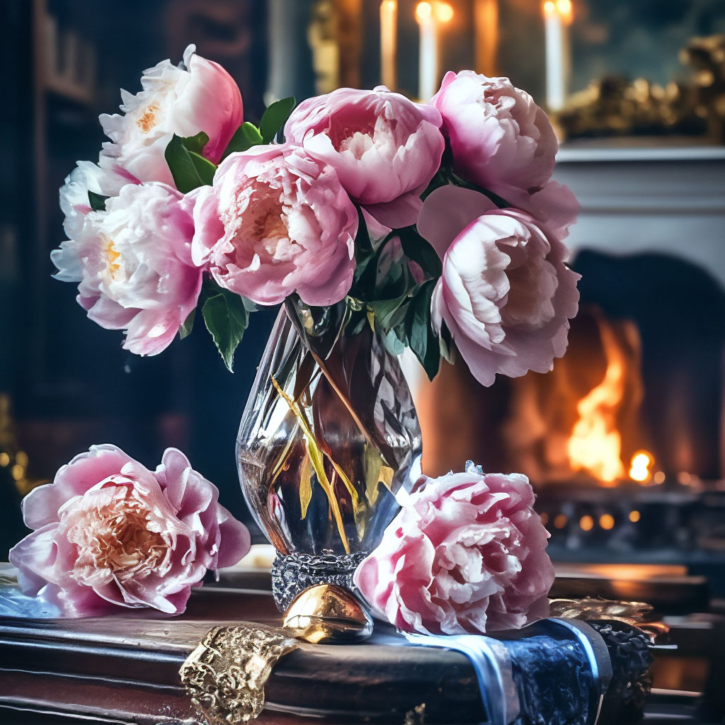 "Crystal vase, bouquet of peonies, lacquered table, fire in the ...