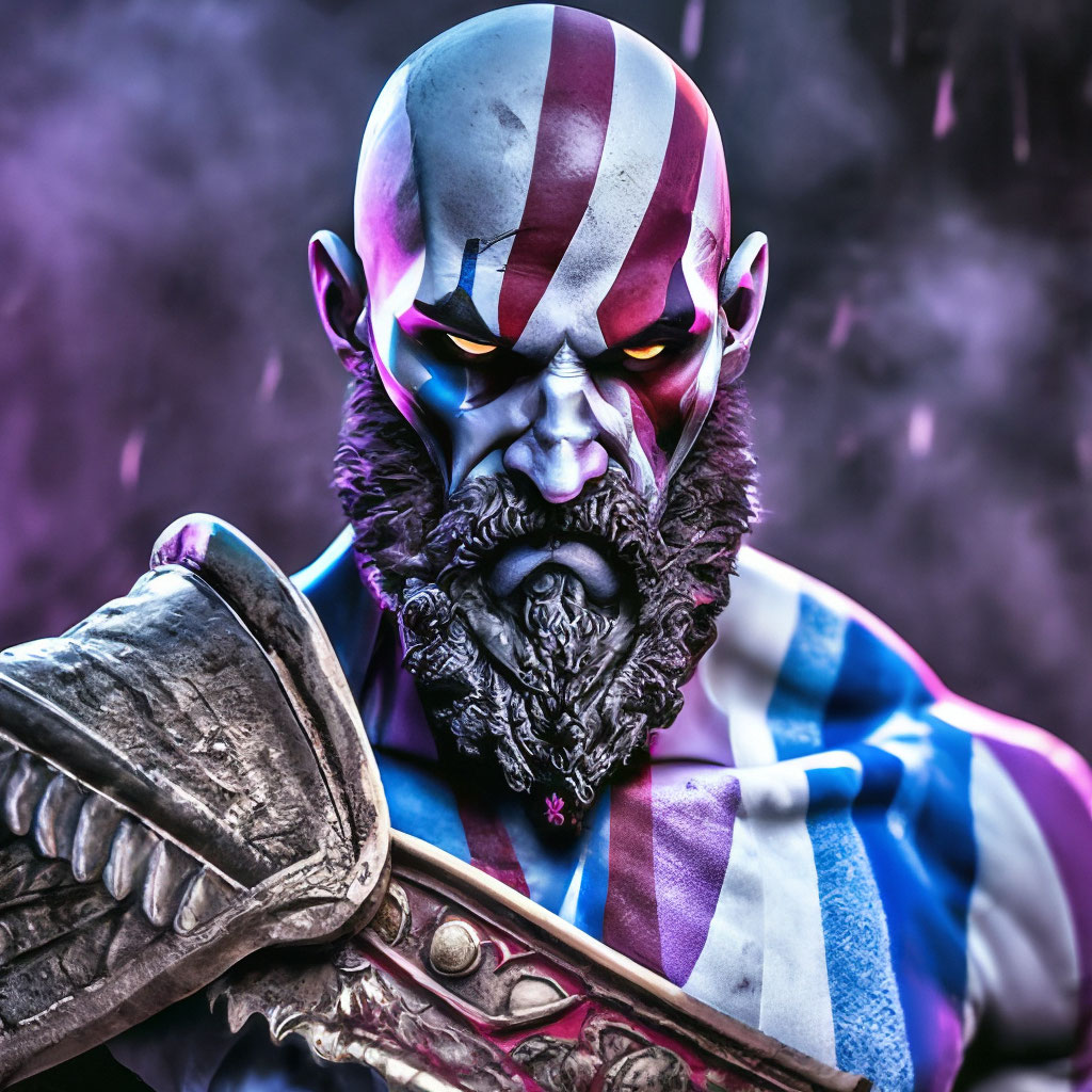 "Kratos, dark background, portrait photo, purple and blue shade ...
