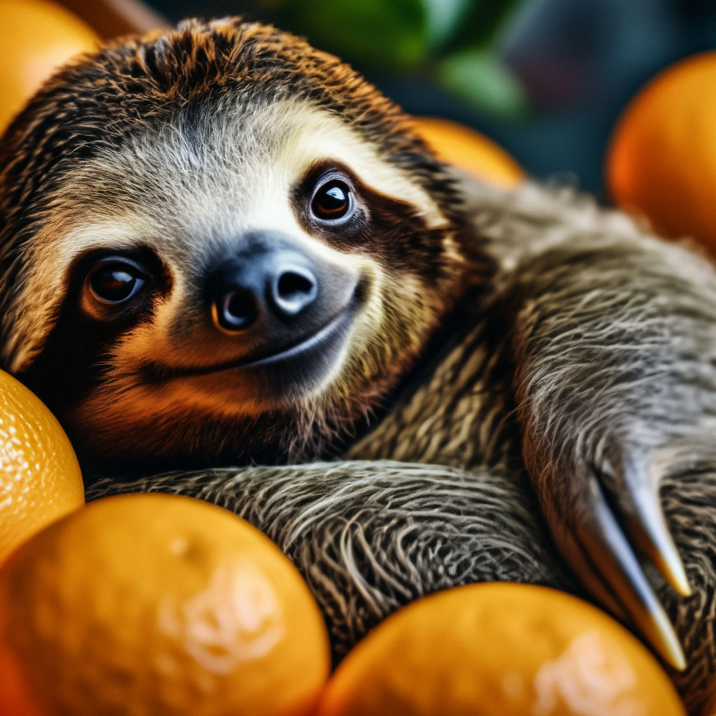 "Funny sloth lying with a orange in his arms, high quality image ...